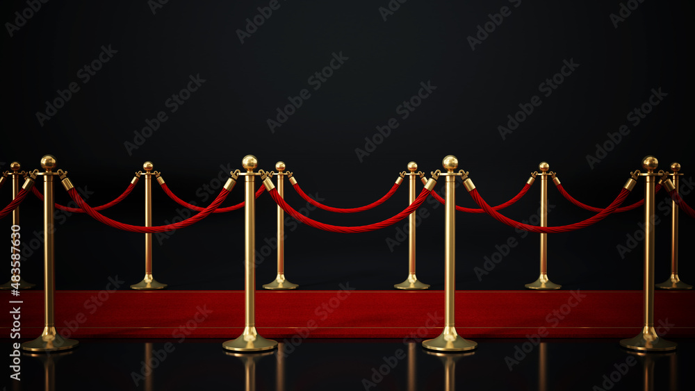 Red carpet and velvet ropes isolated on black background. Side view. 3D ...