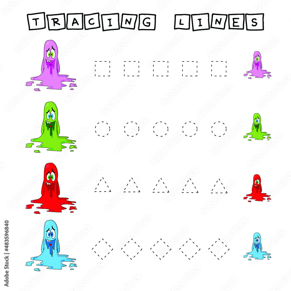 Tracing lines game with funny monsters. Worksheet for preschool kids ...