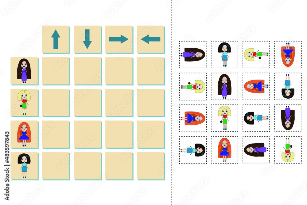 Line up the directions of the toys dolls. Educational children's game ...