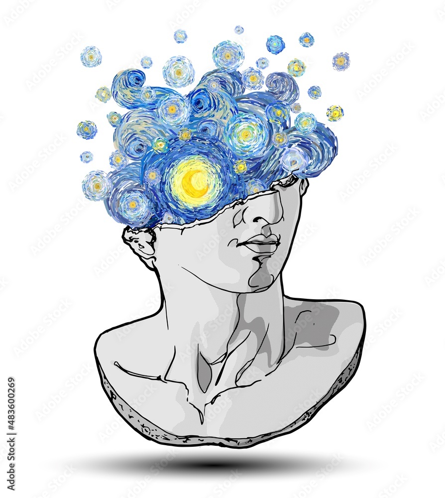 Vector hand drawn fragment of colossal head of classical sculpture with ...