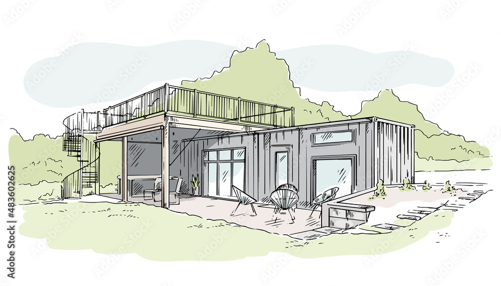 Module container house with a terrace visualization sketch Stock Vector ...