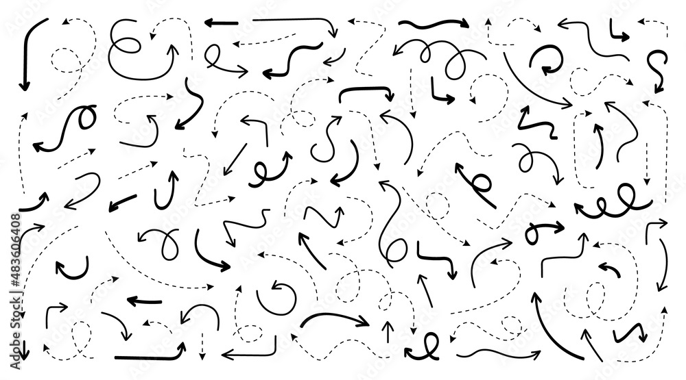 Hand drawn arrows set. Sketch curved dashed arrow. Arrows handmade ...