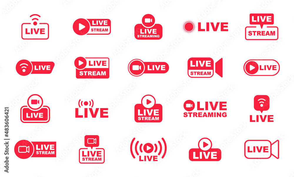 Live streaming icon set. Live broadcasting buttons and symbols. Set of ...