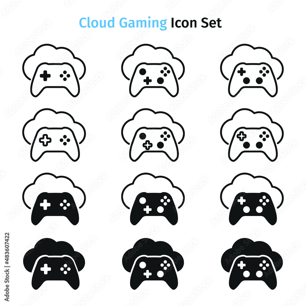 Cloud gaming line and Silhouette icons set. Video game controller and ...