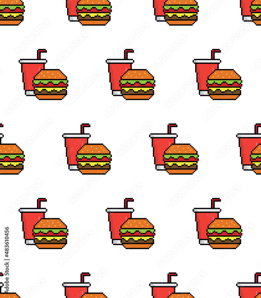 pixel burger and drink background Seamless. fast food background vector ...