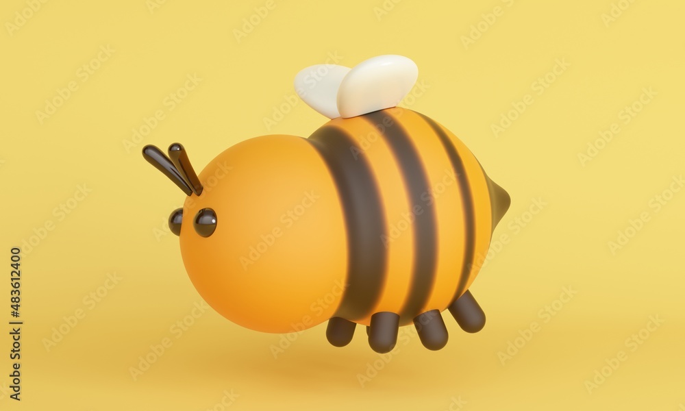 Cute little bee flying on yellow background. 3d rendering Stock ...