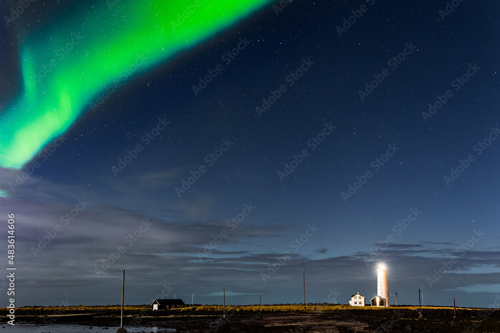 Spectacular show of the Northern Lights over Grotta Island lighthouse ...