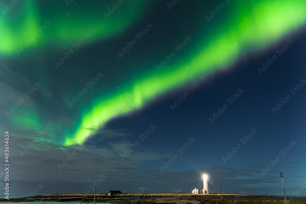Spectacular show of the Northern Lights over Grotta Island lighthouse ...
