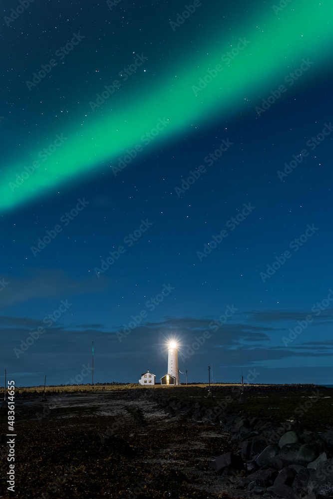 Northern Lights displaying above Grotta Island Lighthouse in the ...