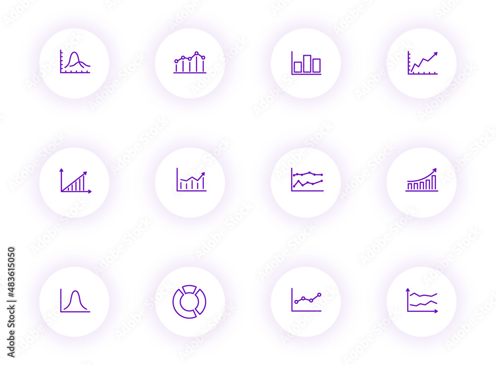 chart purple color outline vector icons on light round buttons with ...
