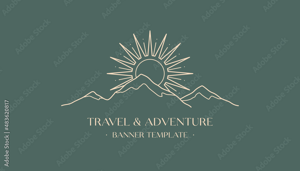 Vector travel logo design with snowcapped mountain landscape and sun ...