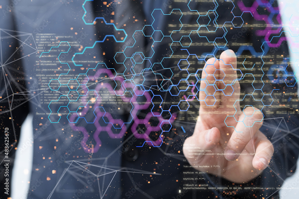 Global network. Blockchain. 3D illustration. Neural networks and ...