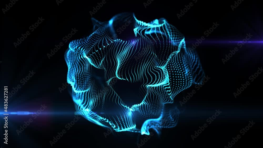 Blue amorphous particle object changing its shape. Abstract technology motion background ...