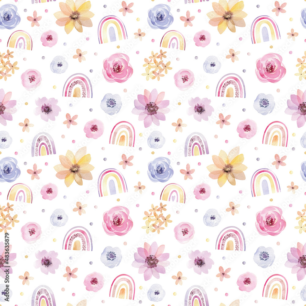 Repeating pattern with watercolor flowers and rainbows. Spring ...