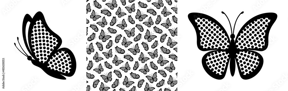 Abstract modern seamless pattern of black butterflies shapes with ...