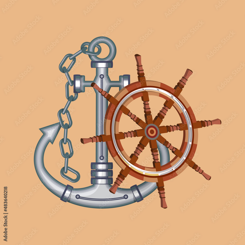 Sea anchor and ship's steering wheel. Vector set. Illustration Stock ...