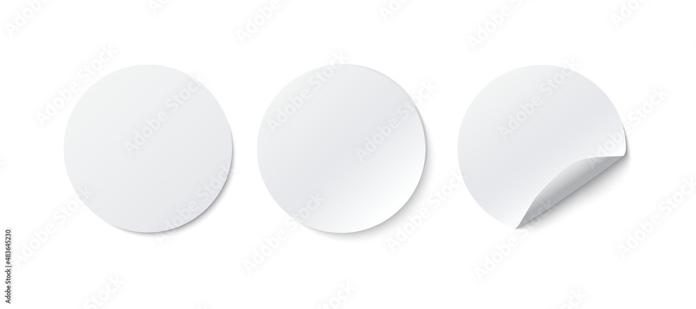 Circle adhesive stickers. Realistic vector white paper round stickers ...
