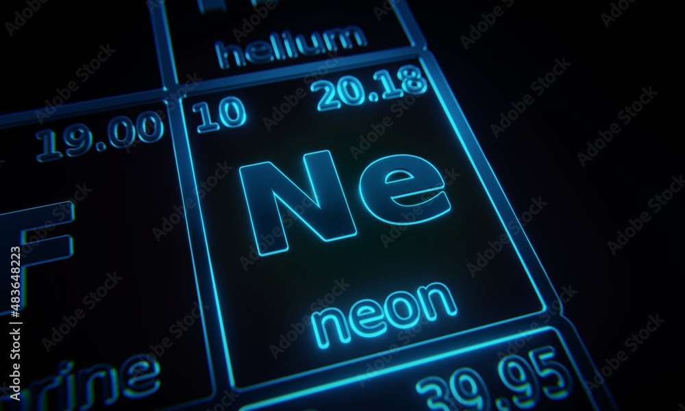 Focus on chemical element Neon illuminated in periodic table of ...