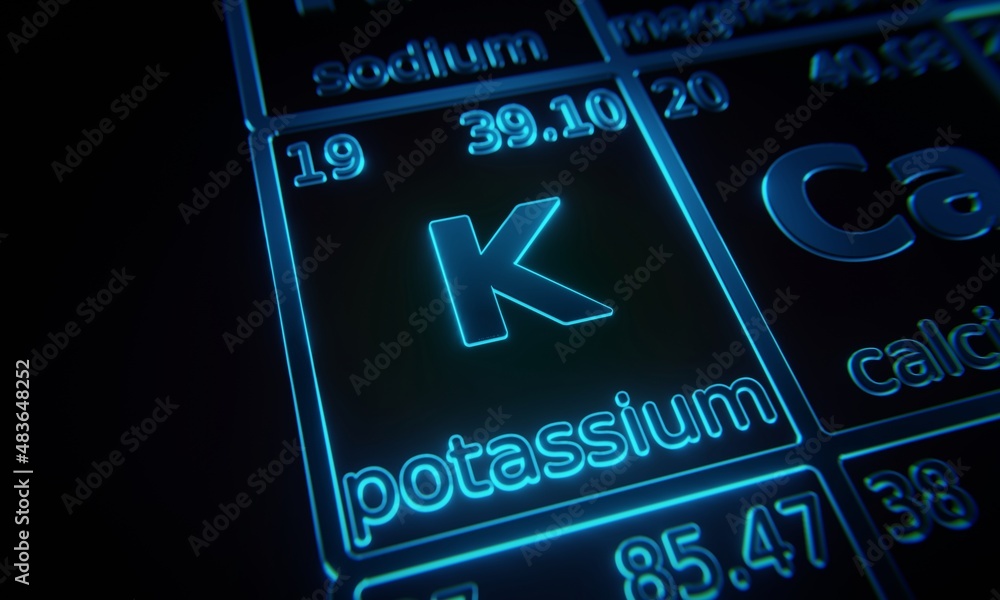 Focus on chemical element Potassium illuminated in periodic table of ...