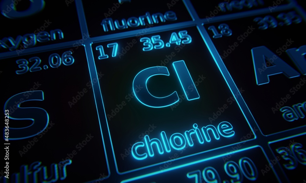 Focus on chemical element Chlorine illuminated in periodic table of ...