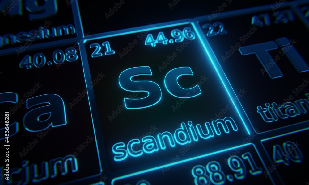Focus on chemical element Scandium illuminated in periodic table of ...