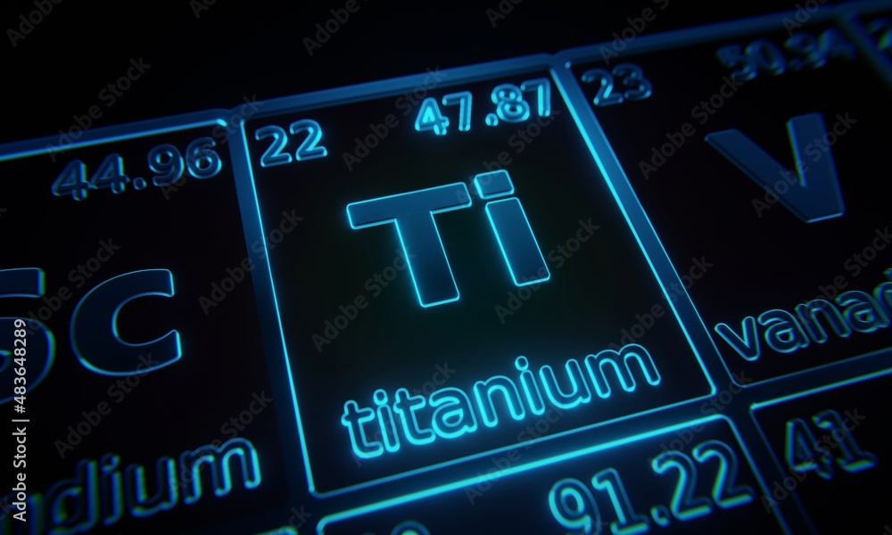 Focus on chemical element Titanium illuminated in periodic table of ...
