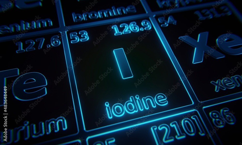 Focus on chemical element Iodine illuminated in periodic table of ...