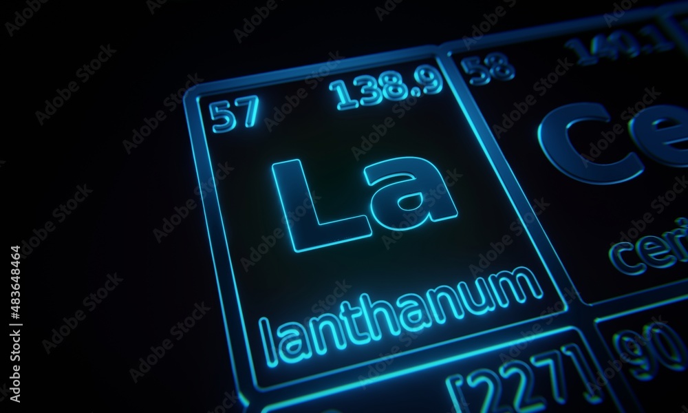 Focus on chemical element Lanthanum illuminated in periodic table of ...
