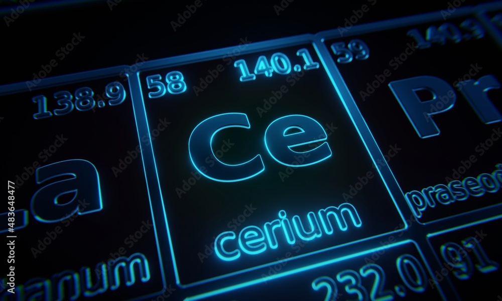 Focus on chemical element Cerium illuminated in periodic table of ...