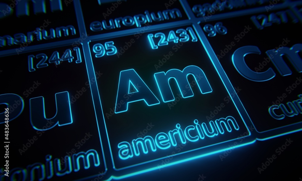 Focus on chemical element Americium illuminated in periodic table of ...