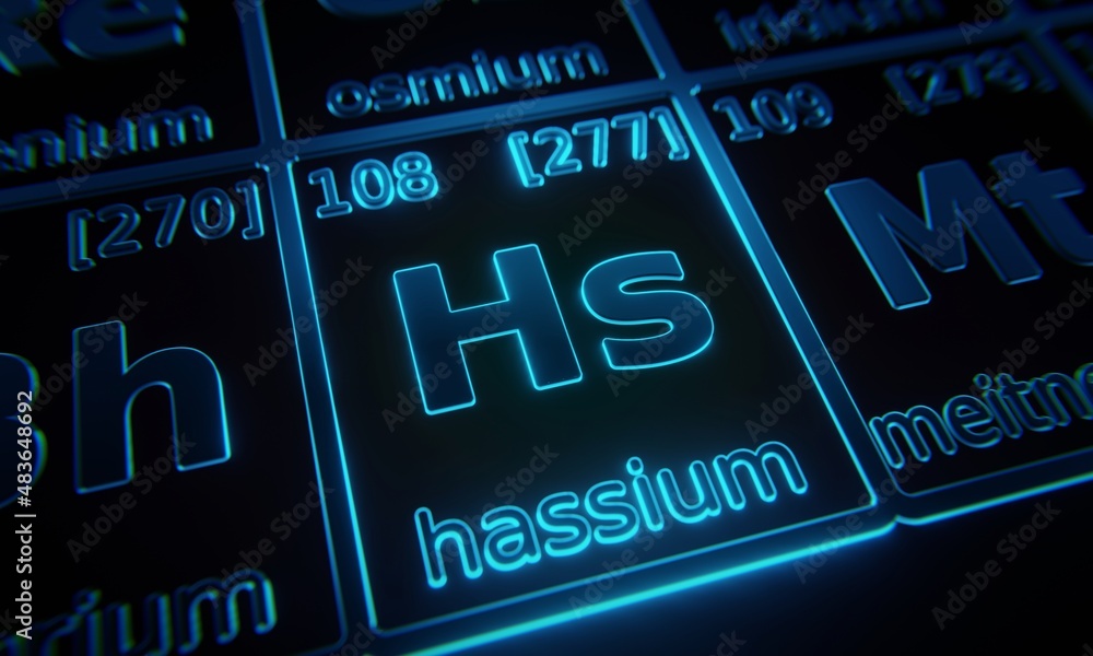 Focus on chemical element Hassium illuminated in periodic table of ...