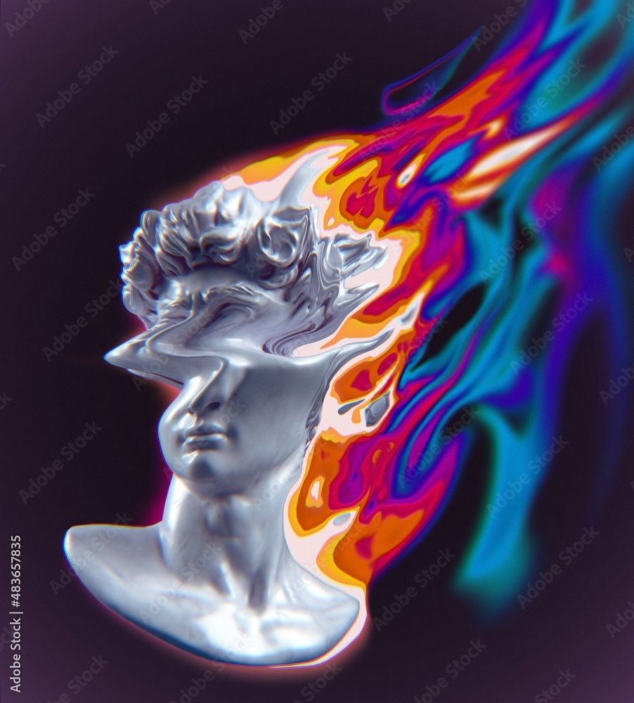 3D rendering concept illustration of glitch deformed classical head ...