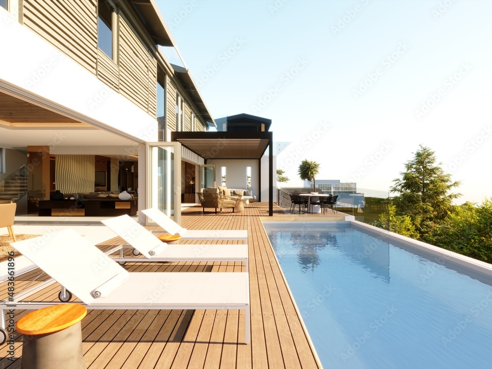 3d render luxury house and swmming pool on terrace Stock Illustration ...