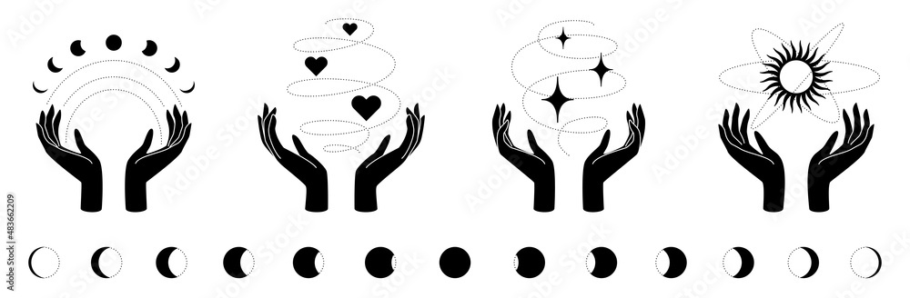 Feminine hands with moons, stars, hearts and sun as symbol of beauty ...