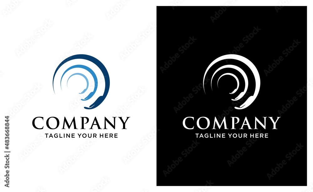 circle three vector hand logos. help and symbol of care. on a black and ...