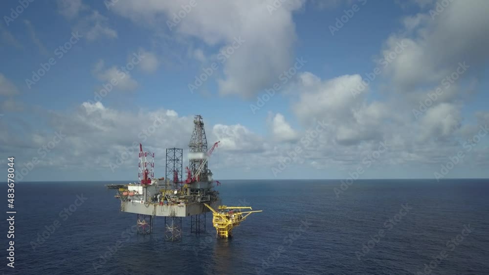 Aerial view from a drone of an offshore jack up rig, oil platform and ...