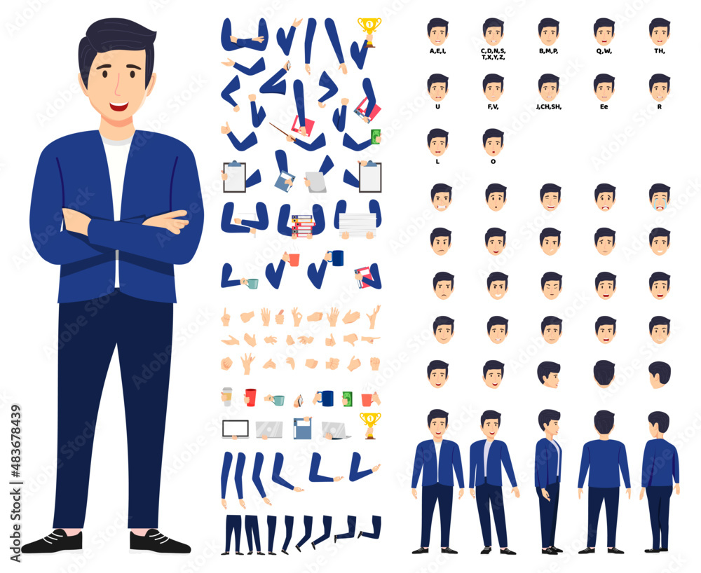 Beautiful business character set front, side, back view animated ...