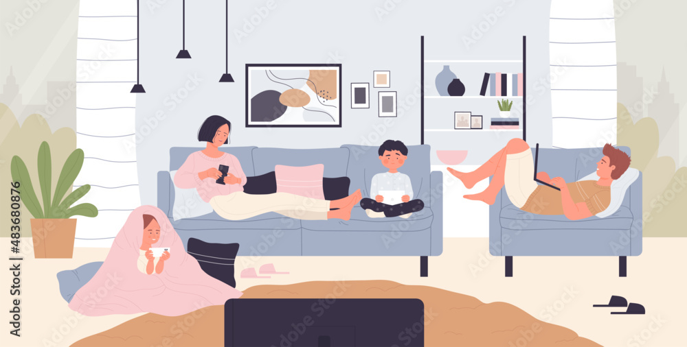 Modern family with gadgets vector illustration. Cartoon mother and ...