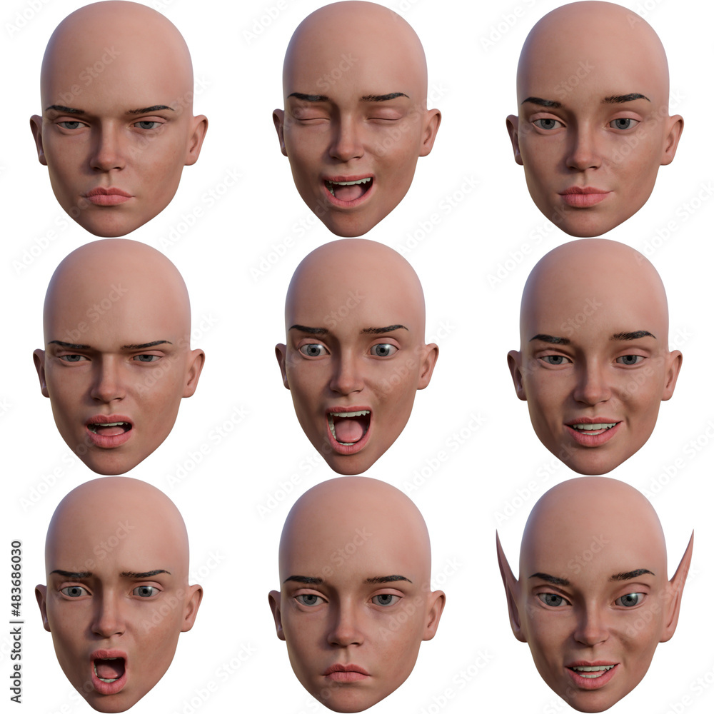 set of female heads with faces and hair with different expressions and ...