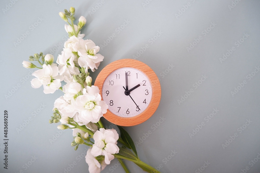 Spring forward concept background. spring flowers and a clock on pale ...