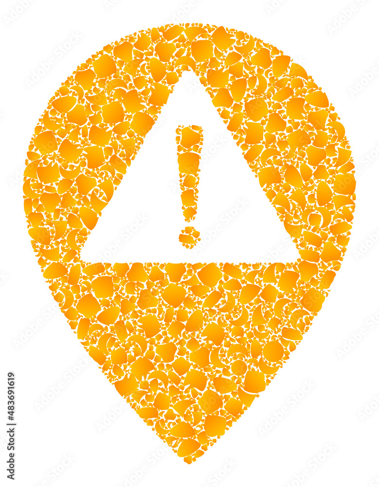 Vector golden warning map pointer mosaic icon. Warning map pointer is ...