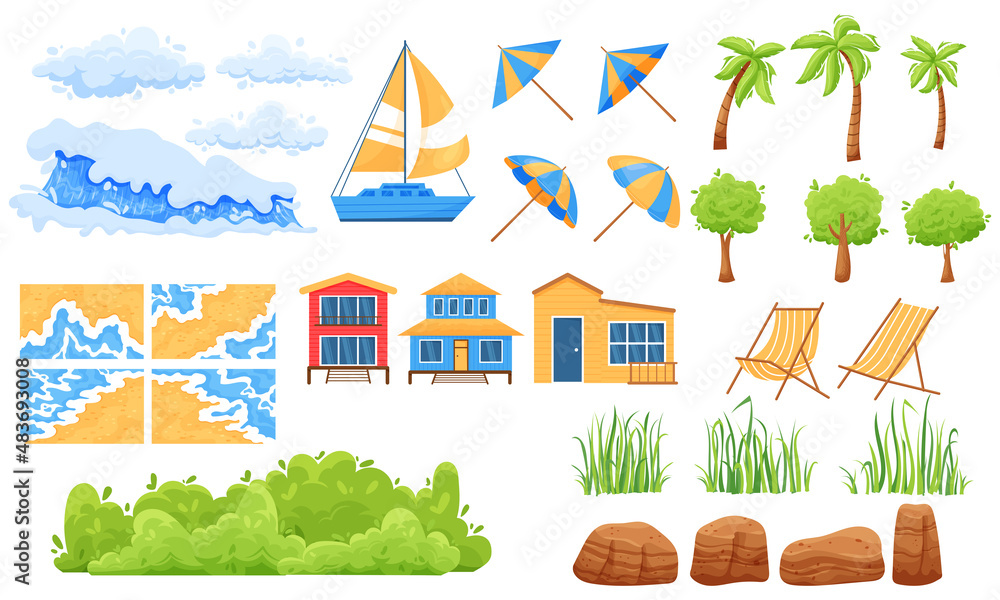 Cartoon beach kit. Ocean shore constructor with palm trees beach heels ...