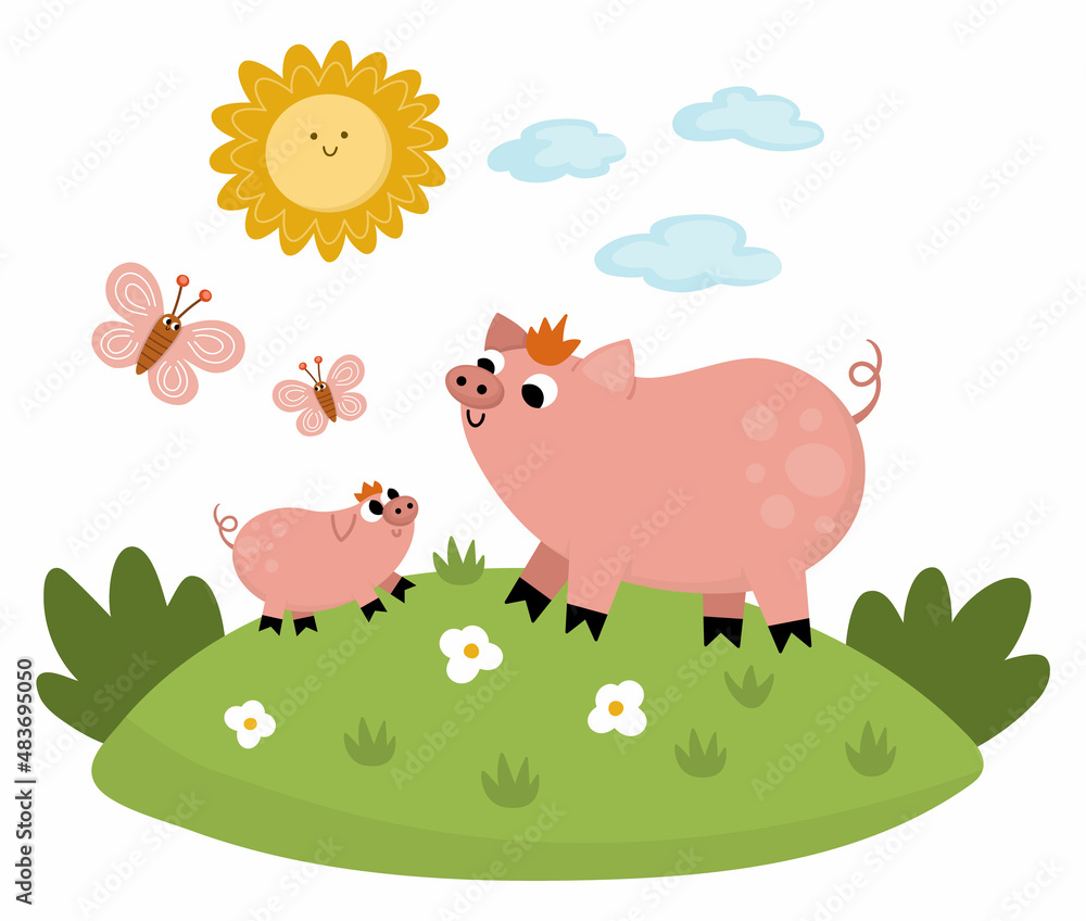 Vector pig with baby on a lawn under the sun. Cute cartoon family scene ...