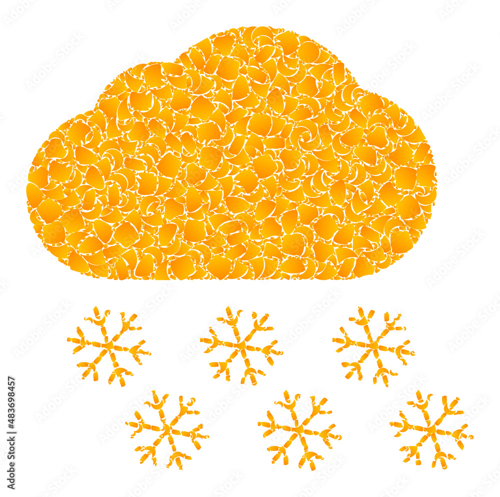 Vector gold snow cloud mosaic icon. Snow cloud is isolated on a white ...