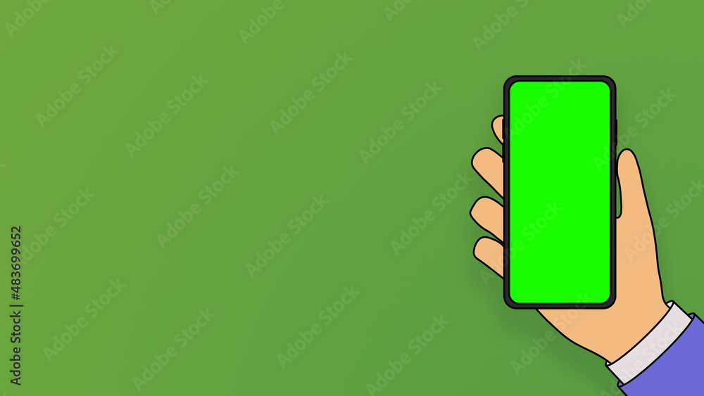Cartoon hand hold smartphone. Green screen chromakey mockup on isolated ...