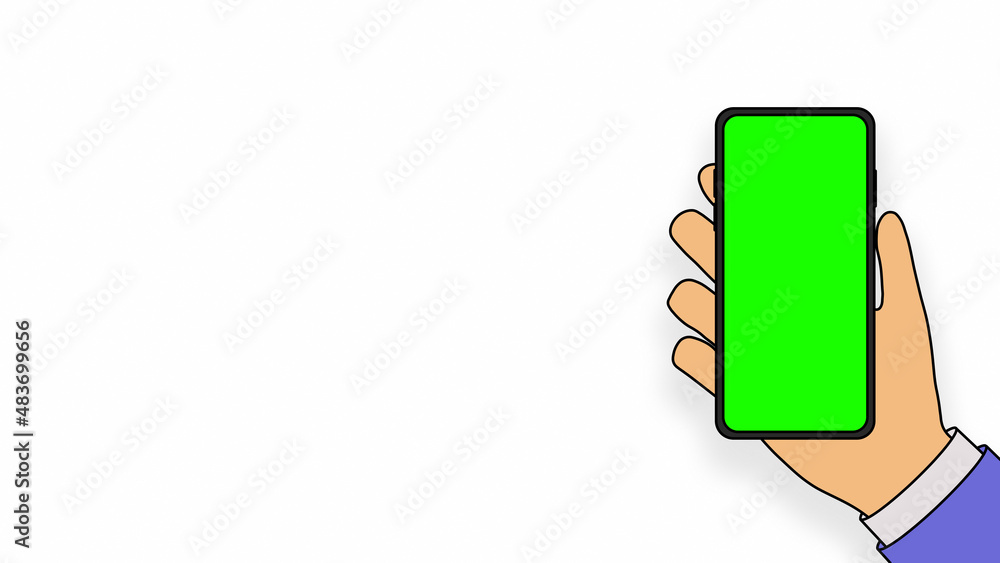 Cartoon hand hold smartphone. Green screen chromakey mockup on isolated ...