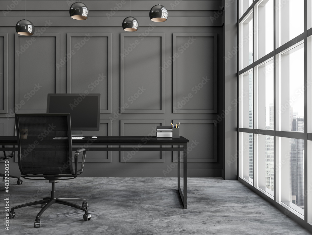 Dark grey modern office workplace interior with desktop and panoramic ...