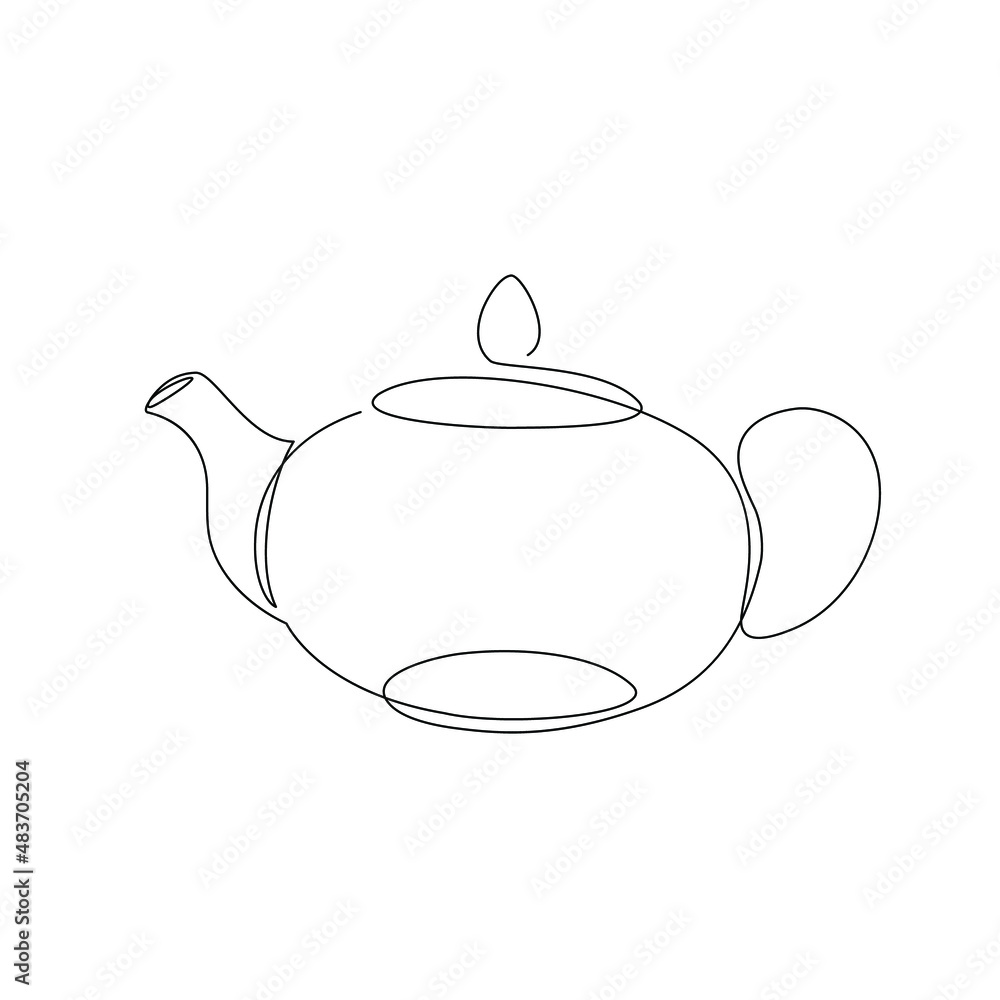 Continuous line drawing of Tea pot on a white background. One line ...