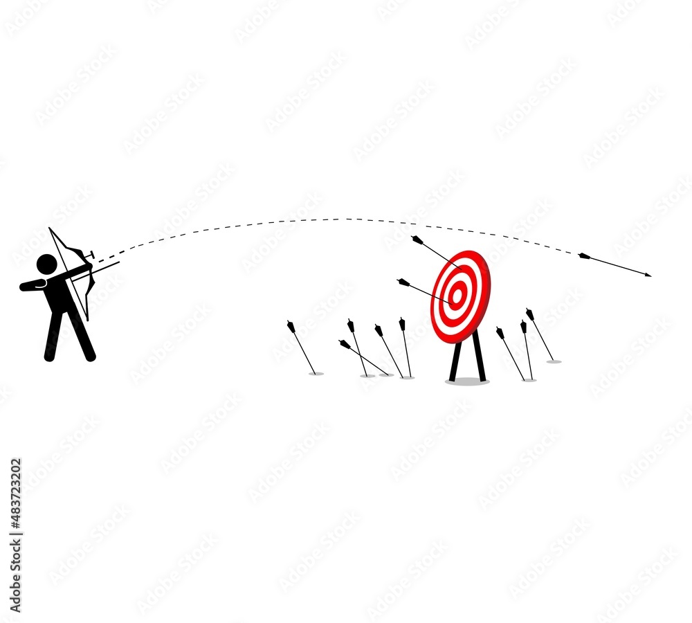 Failing to hit the target. Man desperately trying to shoot arrows with ...