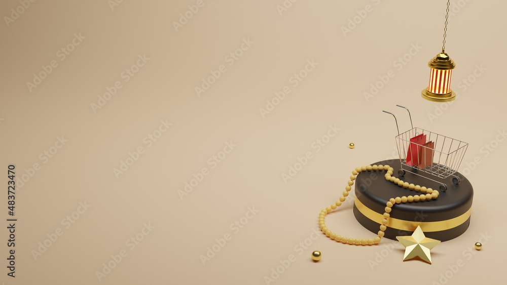 3d Islamic tasbih and big cart on the podium Ramadan Islamic post ...